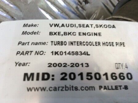 VW BXE BKC ENGINE TURBO INTERCOOLER HOSE PIPE 1K0145834L