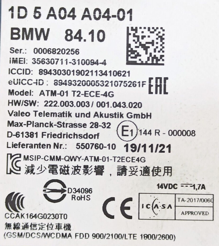 Mini Cooper F56 Electric 2019-2024 Telematics Control Unit ECU Module ...